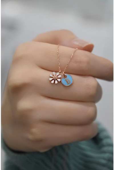 Papatya Silver 925 Ayar Gümüş Rose Kaplama Mineli B Harfli Papatya Kolye