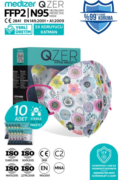 Medizer Qzer Flower Art Desenli Ffp2 N95 Maske 5 Katmanlı Medizer Qzer Flower Art Desenli Ffp2 N95 Maske 5 Katmanlı