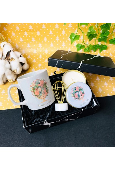 Giftmoda Kişiye Özel Çiçek Kadın Tasarımlı Kupa Kokulu Cam Mum ve Mini Elmas Lamba Hediye Seti