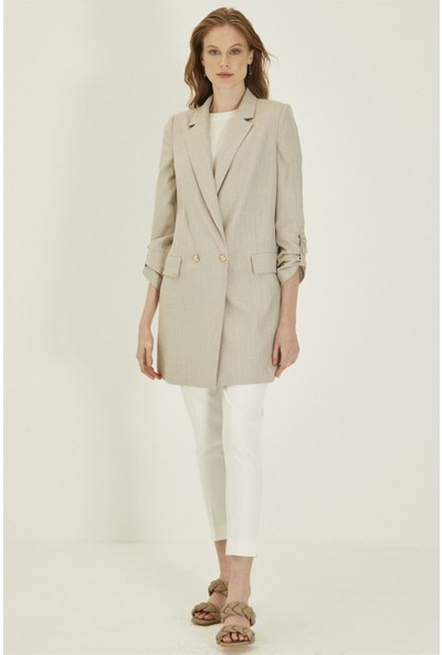 Zühre Kol Detaylı Çizgili Bej Blazer Ceket C-0027 Zühre Kol Detaylı Çizgili Bej Blazer Ceket C-0027