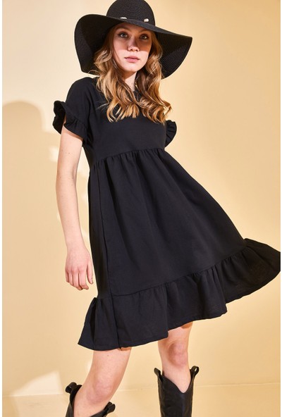 XUDE Siyah Etek & Kol Ucu Fırfırlı Elbise 2YSK6-10165-02