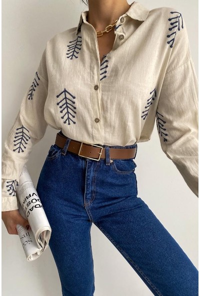 Furkan Exclusive Kadın Bej %75 Pamuk %25 Keten Gömlek