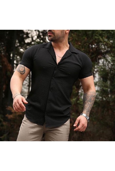 Yonez Moda Erkek Siyah Kısa Kollu Gofre Gömlek