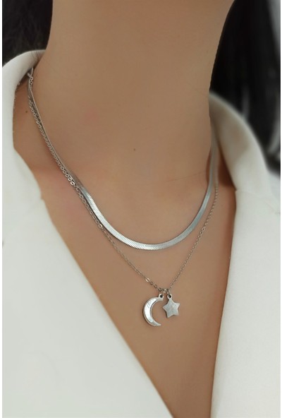ÇLK Accessories TRKOLYE5935 Çelik Iki Sıra Sedefli Italyan Zincir Ay Yıldız Kolye