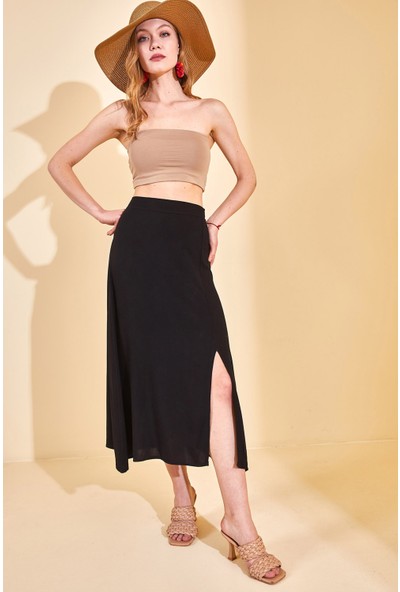 XUDE Siyah Yırtmaçlı Midi Etek 2YSK7-10140-02
