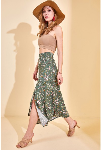 XUDE Yeşil Yeşil Fırfırlı Desenli Etek 2YSK7-10143-08