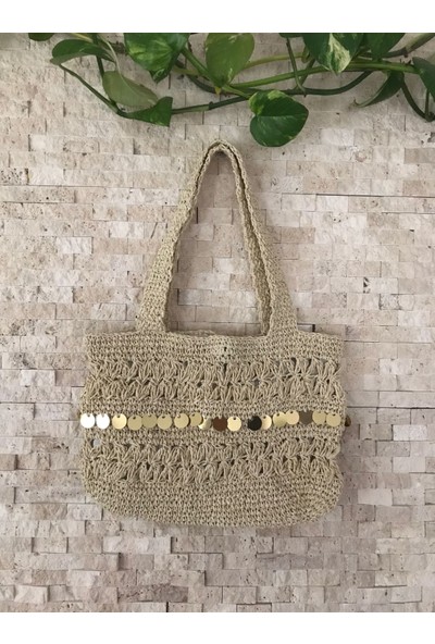 Zümrüt Tuhafiye El Örgüsü Bej Rengi Kağıt Ip Çanta