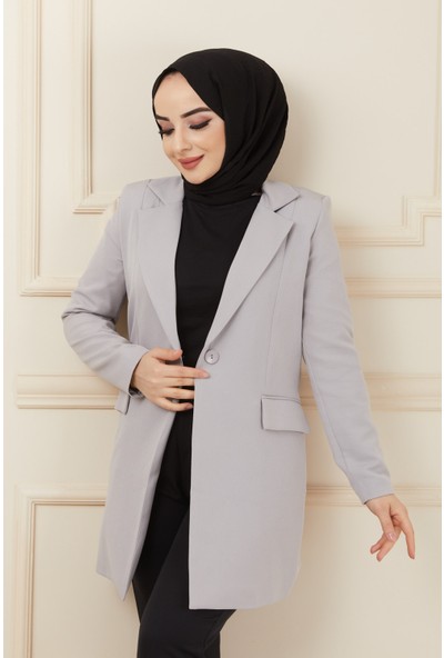 İmaj Butik Tek Düğmeli Tesettür Blazer Ceket/gri