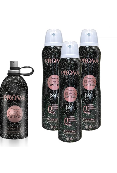 Prova Black Option Edp Kadın Parfüm 120 ml ve Deodorant 150 ml 3 Adet Prova Black Option Edp Kadın Parfüm 120 ml ve Deodorant 150 ml 3 Adet