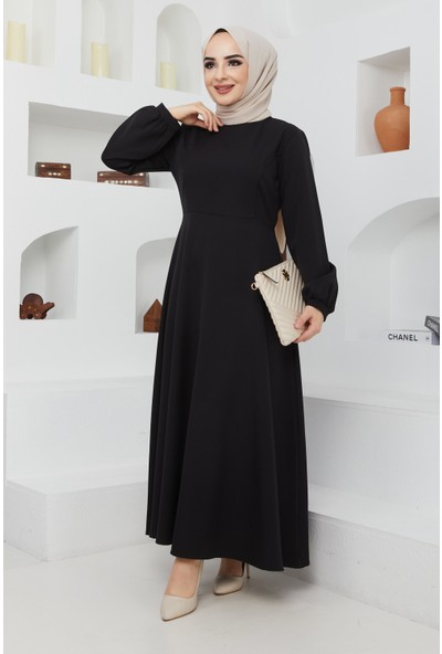 İmaj Butik Balon Kol Krep Tesettür Elbise/siyah İmaj Butik Balon Kol Krep Tesettür Elbise/siyah