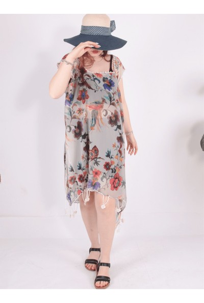 Almia Butik El Işi Oyalı Asimetrik Askılı Çiçekli Şifon Pareo