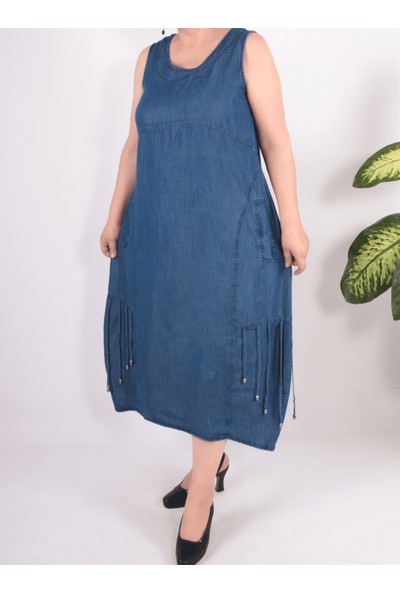 Almia Butik Büyük Beden Mavi Ince Kot Kadın Elbise