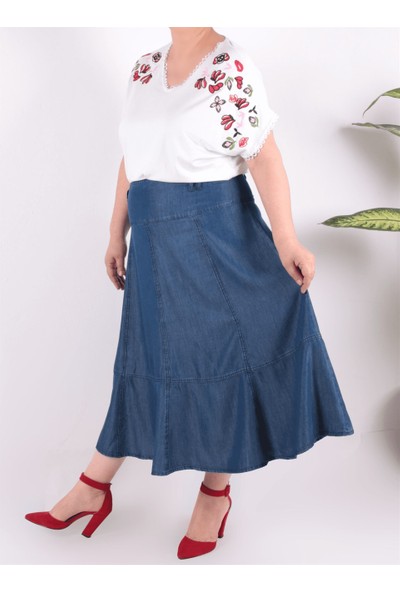 Almia Butik Büyük Beden Koyu Mavi Kadın Kot Etek