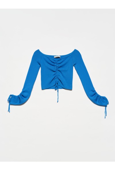 Dilvin 10192 Omzu Açık Büzgülü Bağcıklı Kazak-Saks