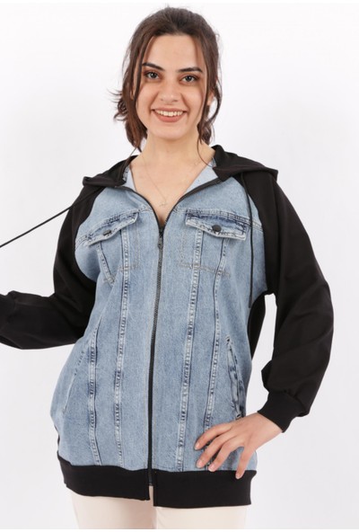 Ikoll 27059 Kadın Denım Bloklu Kapısonlu Bomber