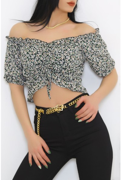 Önü Büzgülü Madonna Yaka Bluz Çiçeklibeyaz