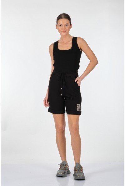 Vedi Taş Baskılı Lastikli Bel Siyah Kadın Şort 22122901