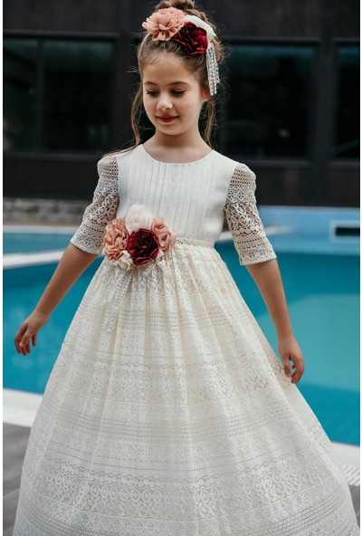 Mialora Exclusive Ekru, Taçlı, Vintage Kız Çocuk Elbisesi, Abiye Elbise.