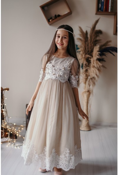 Mialora Exclusive Duvaklı, Inci Işlemeli , Kız Çocuk Vintage Elbise , Gelinlik