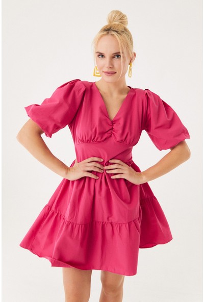 FullaModa Omzu Vatkalı Balon Kol Elbise