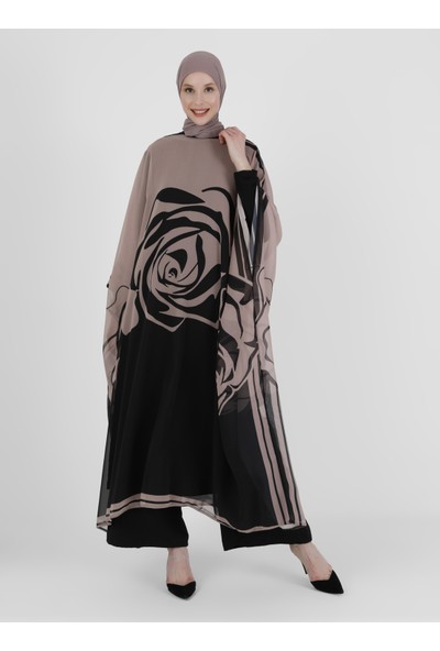 Refka Sarmaşık Desenli Şifon Ferace - Bej Çiçekli - Refka Woman