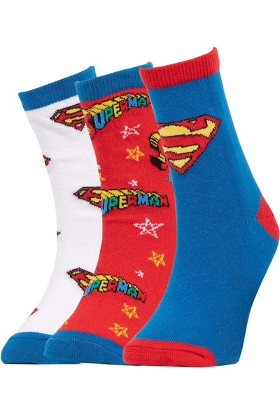 DeFacto Erkek Çocuk Superman Lisanslı Pamuklu 3'lü Kısa Çorap X2362A6NS