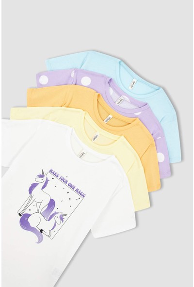 DeFacto Kız Çocuk Regular Fit Baskılı 5li Kısa Kollu Pamuklu TIŞÖRT X5028A622SM