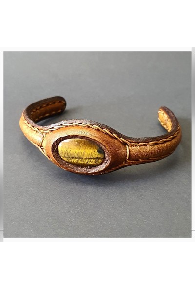 Seven Art Jewelry Kaplan Gözü Ayarlanabilir Doğal Taş Deri Bileklik