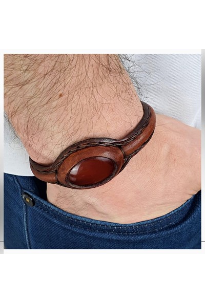 Seven Art Jewelry Akik Ayarlanabilir Doğal Taş Deri Bileklik