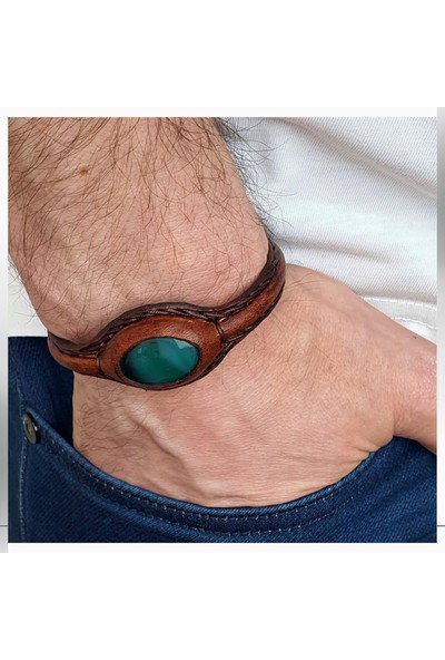 Seven Art Jewelry Yeşil Akik Ayarlanabilir Doğal Taş Deri Bileklik