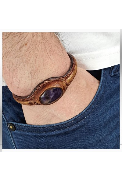 Seven Art Jewelry Ametist Ayarlanabilir Doğal Taş Deri Bileklik