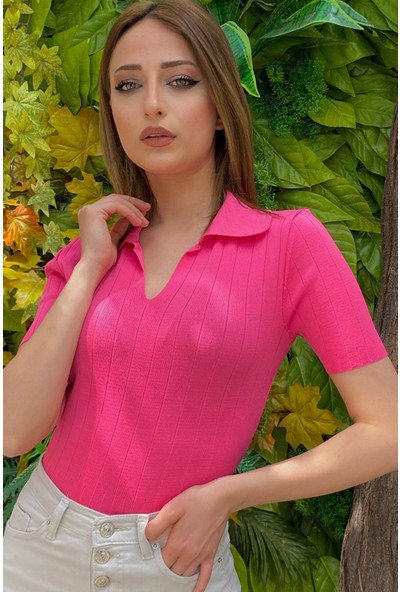 Graviola Vogue Kadın Polo Yaka Yazlık Fitilli Örme Bluz