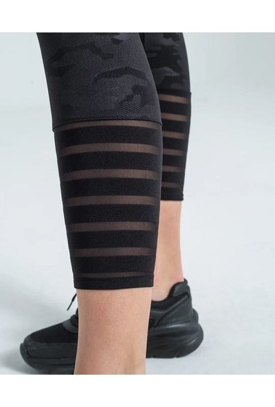 Joven Kadın Siyah Yüksek Bel Toparlayıcı Kamuflaj Desenli Tüllü Tayt