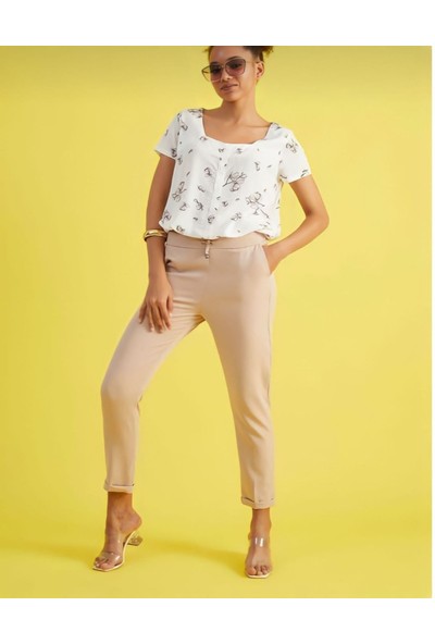 Ona Avc Bej Beli Lastikli Duble Paça Pantolon