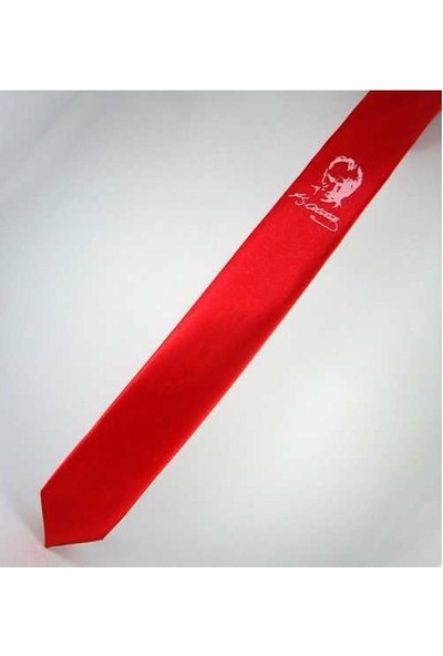Atatürk ve Imza Baskili Saten Kırmızı Kravat