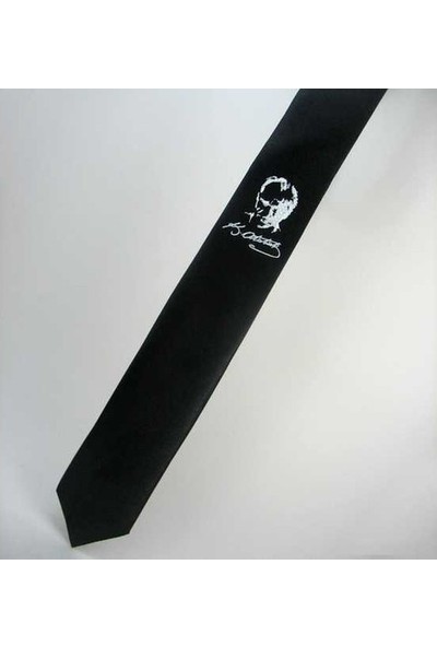 Gaffy Atatürk ve Imza Baskılı Saten Siyah Kravat