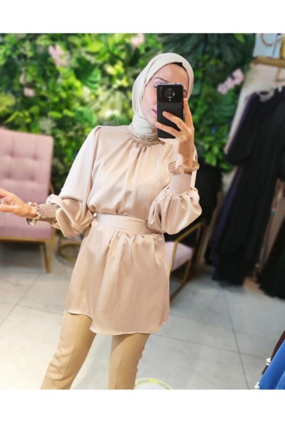 Cng Moda Kol Gipeli Saten Tunik