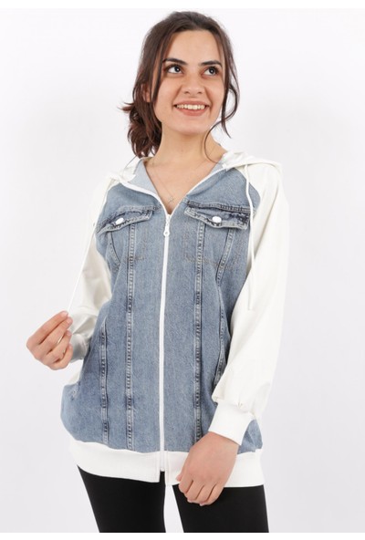Ikoll 27059 Kadın Denım Bloklu Kapısonlu Bomber