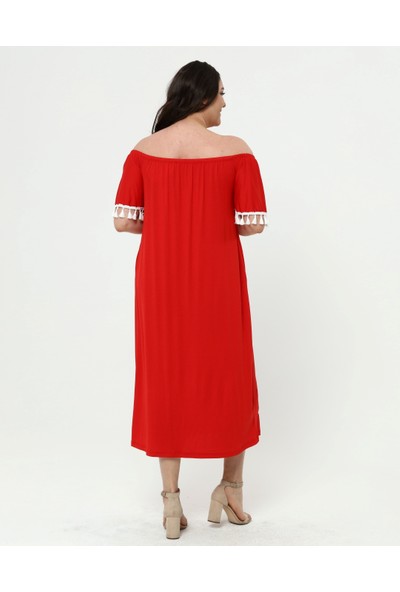 Loope Kadın Büyük Beden Yakası Ayarlanabilir Kolları Ponponlu Etegi Nakış Detaylı Elbise