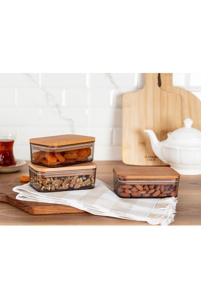 Diviera Ahşap Kapaklı Saklama Kabı 3'lü - Füme 500 ml Diviera Ahşap Kapaklı Saklama Kabı 3'lü - Füme 500 ml