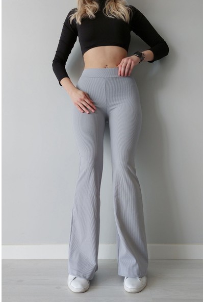 Orihime Kadın Gri Ispanyol Paça Fitilli Ekstra Yüksek Bel Toparlayıcı Tayt