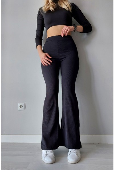 Orihime Kadın Siyah Ispanyol Paça Fitilli Ekstra Yüksek Bel Toparlayıcı Tayt