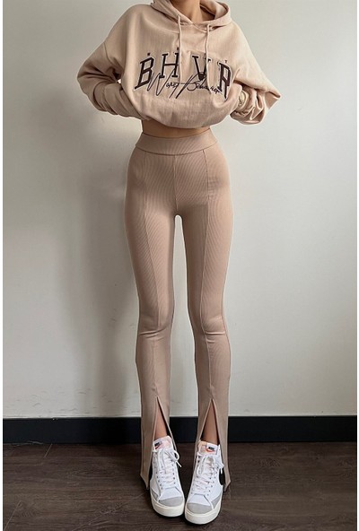 Cng Moda Yüksek Bel Toparlayıcı Yırtmaç Paça Fitilli Tayt - Pantolon