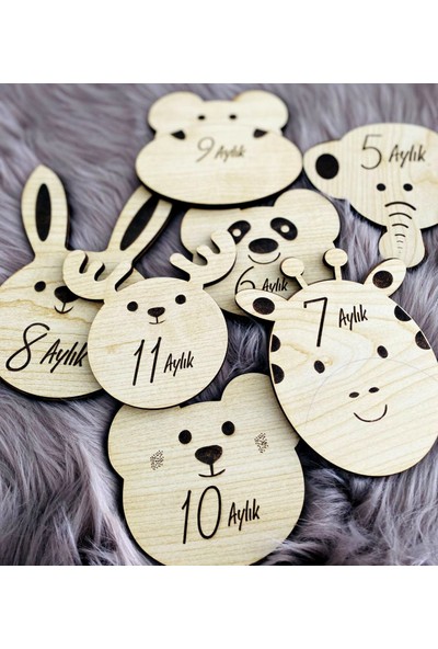 Sevimli Hayvanlar Ahşap Çift Taraflı Aylık Bebek Kartlar Sevimli Hayvanlar Ahşap Çift Taraflı Aylık Bebek Kartlar
