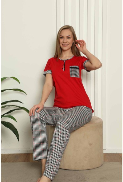 My Fashion World Kazayağı Desenli Kırmızı Kısa Kollu Pijama Takımı 2645