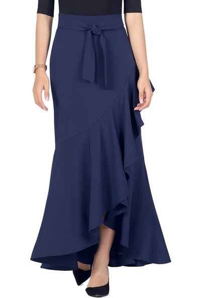 Shuipi Yüksek Bel Volanlı Desenli Etek - Koyu Mavi (Yurt Dışından)