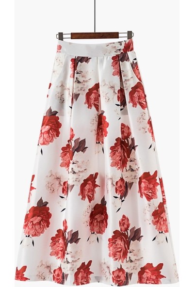 Shuipi Yüksek Bel Retro Çiçek Desenli Etek - Kırmızı (Yurt Dışından)