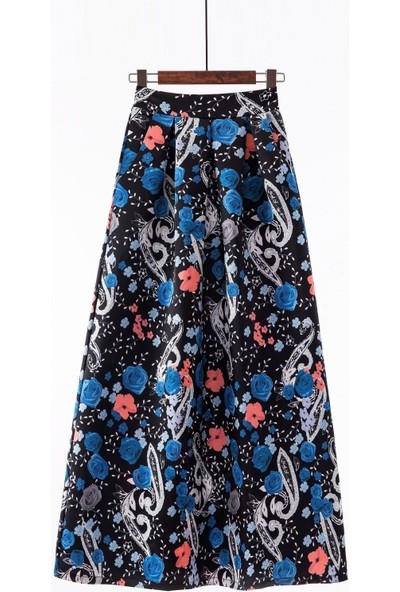 Shuipi Yüksek Bel Retro Çiçek Desenli Etek - Siyah (Yurt Dışından)