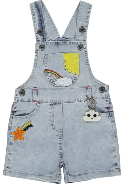 Overdo Baskı Nakış Detaylı Mavi Denim/ Kot Çocuk Bahçıvan Şortlu Salopet