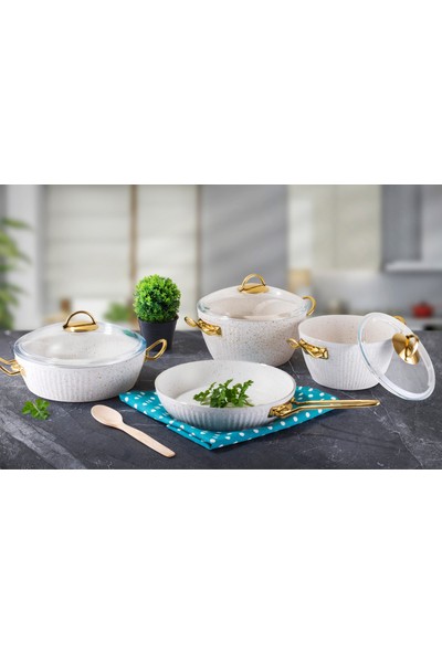 Lines Işıltı 7 Parça Altın Metal Kulplu Beyaz Granit Tencere Seti Lines Işıltı 7 Parça Altın Metal Kulplu Beyaz Granit Tencere Seti